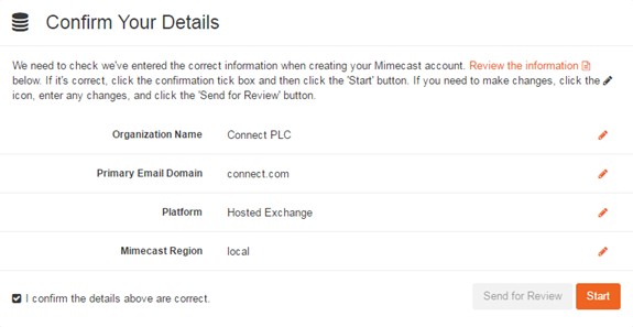 Connect Application - Confirming Details – Mimecast