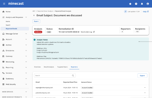 MEIR Integration in Analysis & Response and Public API - Migration – Mimecast