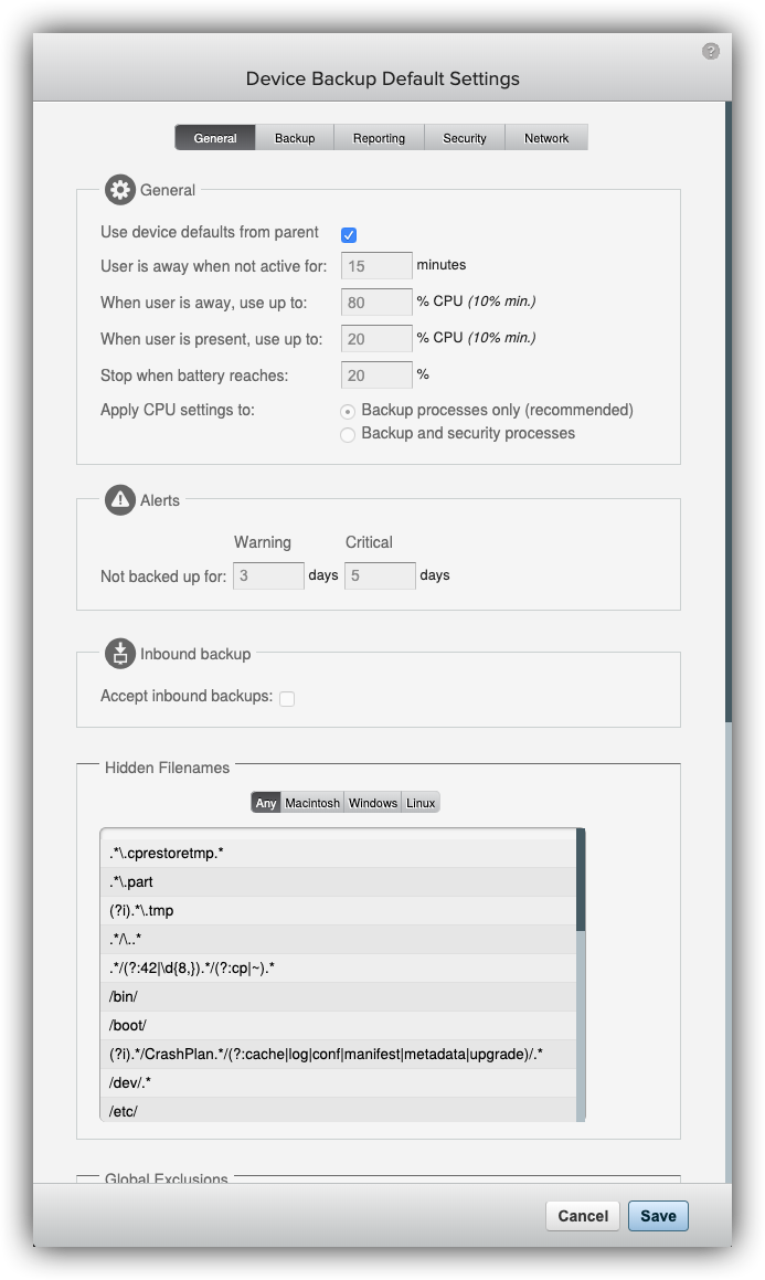 Organizations - Device Backup Defaults - General settings reference – Mimecast
