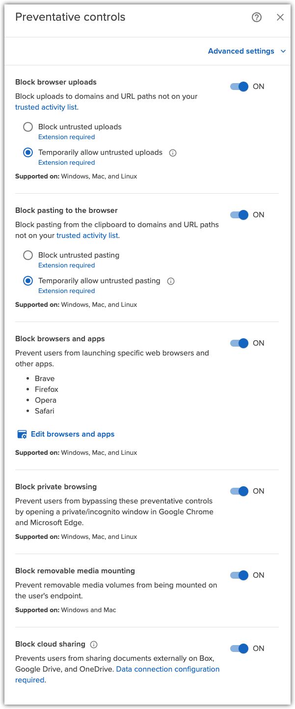 Manage Incydr preventative control settings – Mimecast